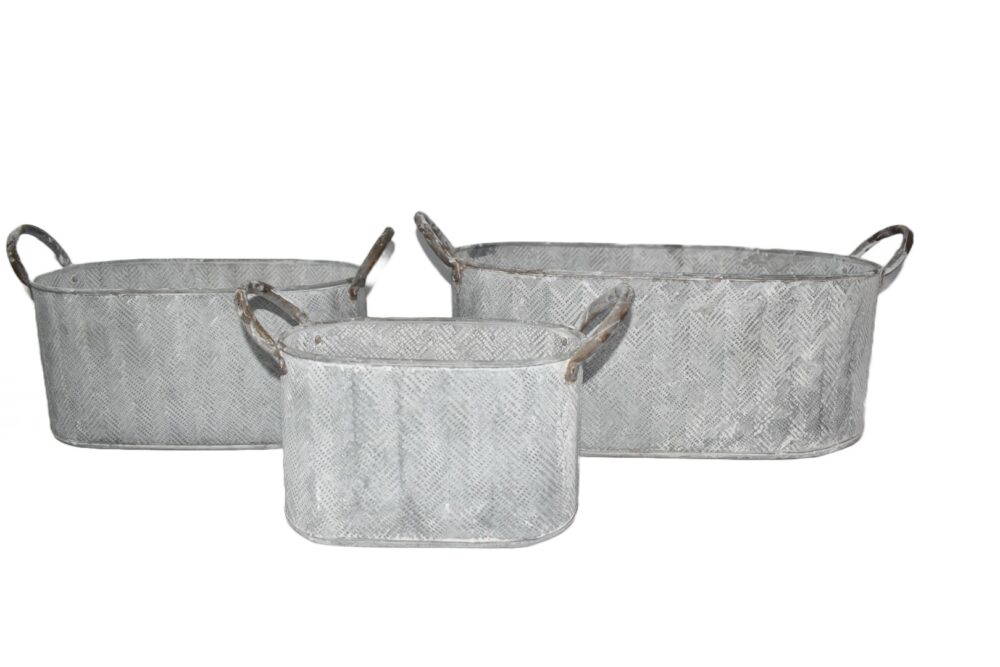 Large Antique Style Whitewashed Planter Set With Copper Handles - Set ...