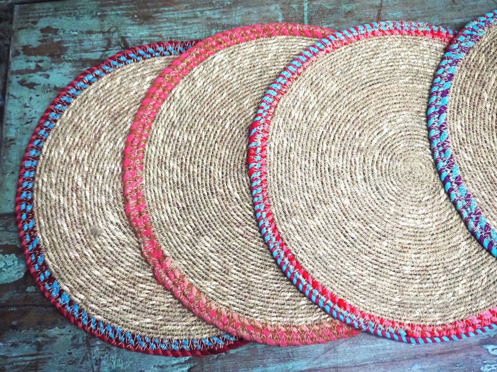 Munja And Reclaimed Fabric Eco Table Mats Or Plant Pot Stands - Set Of ...
