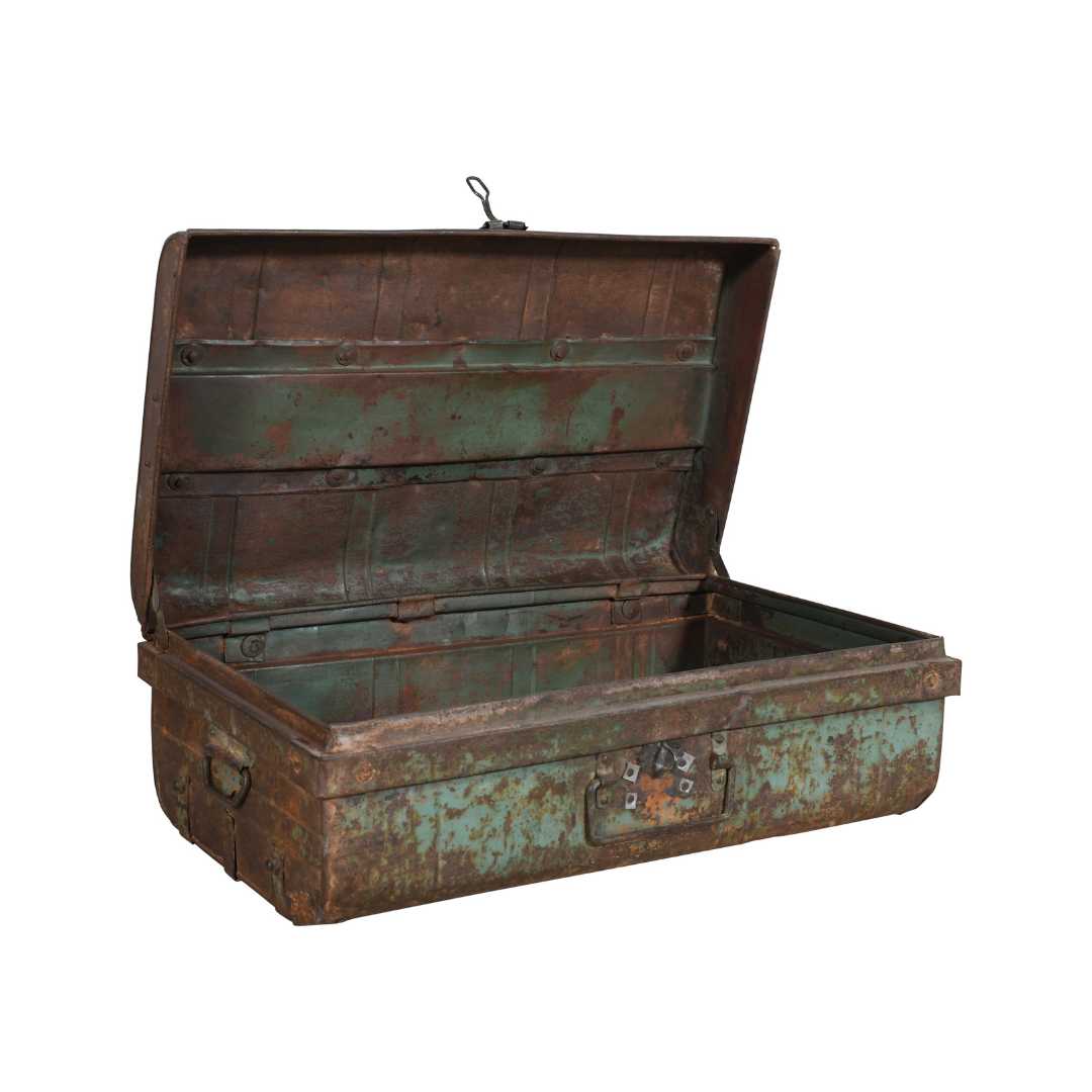 vintage verdigris green indian iron trunk - Jardinopia Ltd